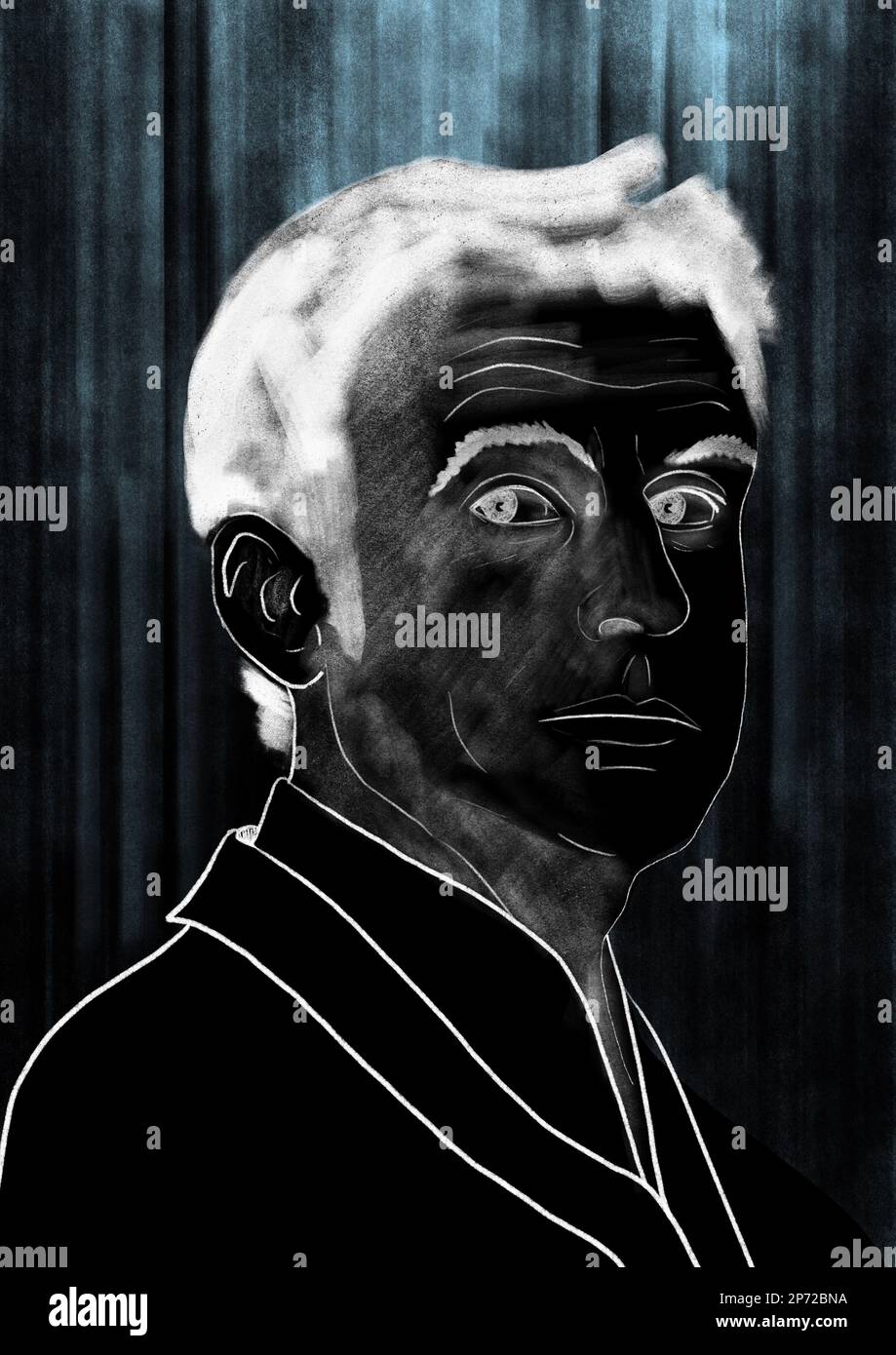 Portrait en noir et blanc d'Emmanuel Macron, président de la république ...