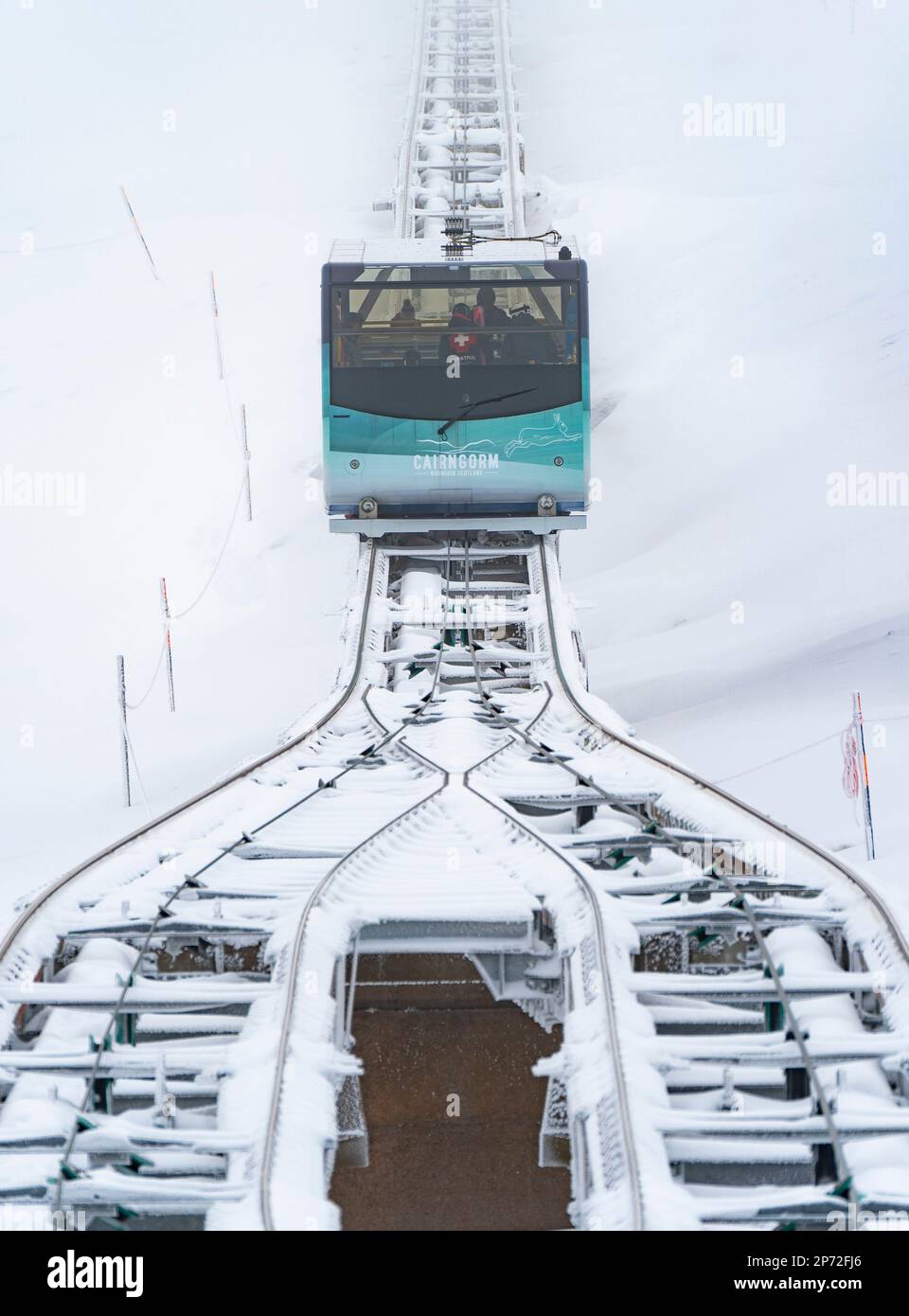 The newly re-opened Cairngorm Mountain Railway funicular carries skiers ...