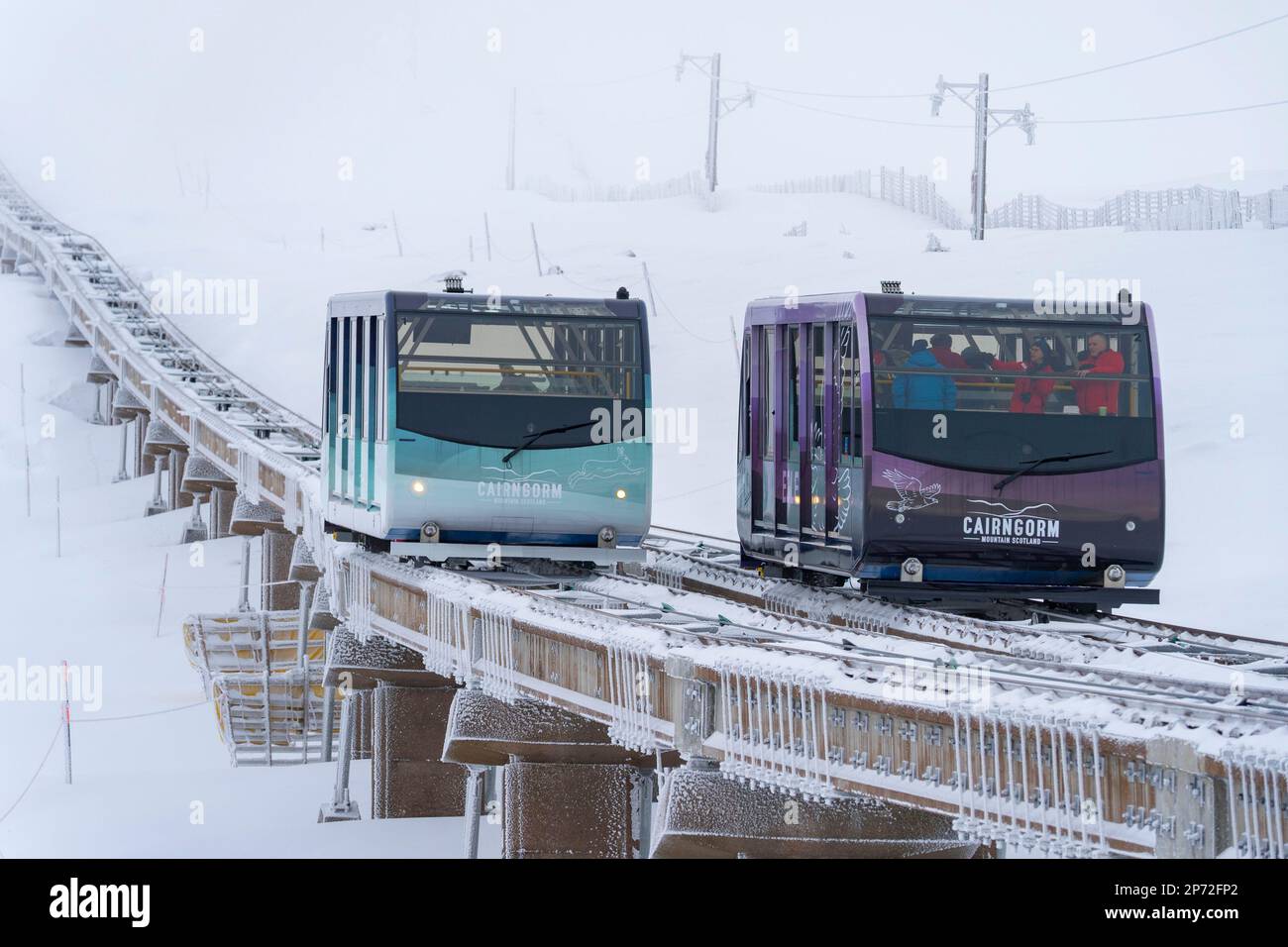 The newly re-opened Cairngorm Mountain Railway funicular carries skiers ...