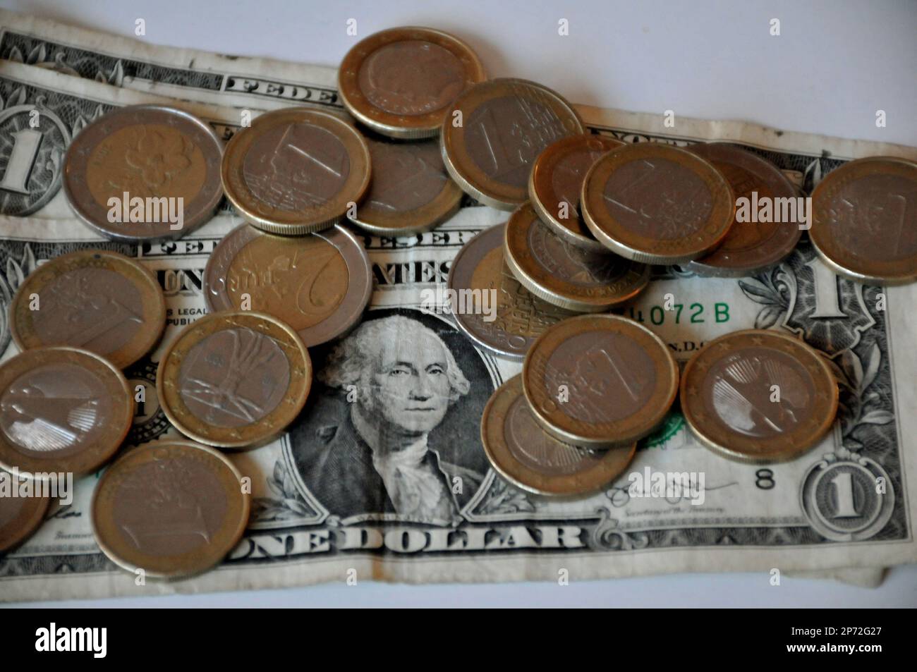 Copenhagen/Denmark/08 March 2023/ Euro and US dollar money in danish capital Copenhagen Denmark ...