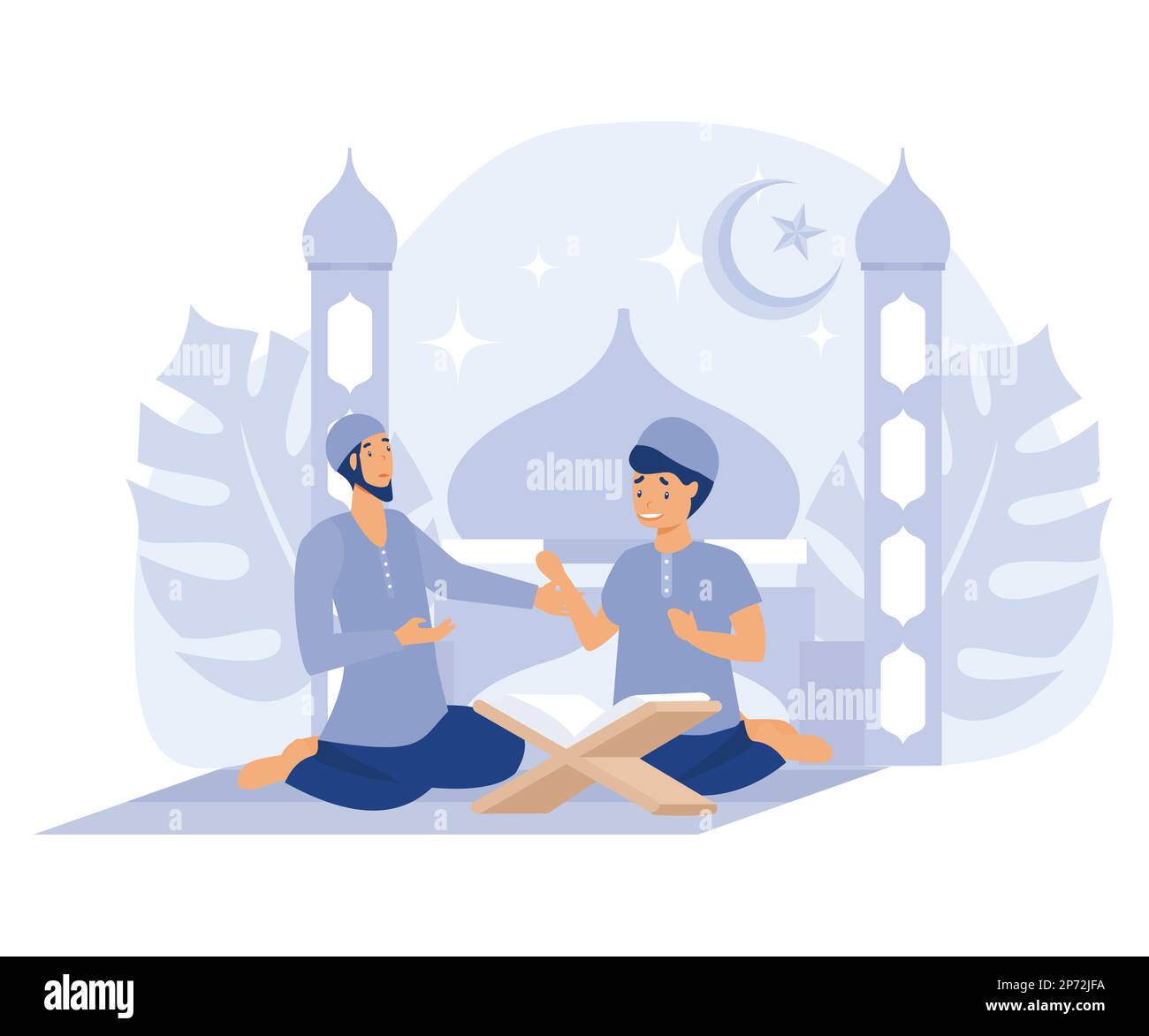 Muslim Father and Son Studying Quran, with mosque background, flat ...