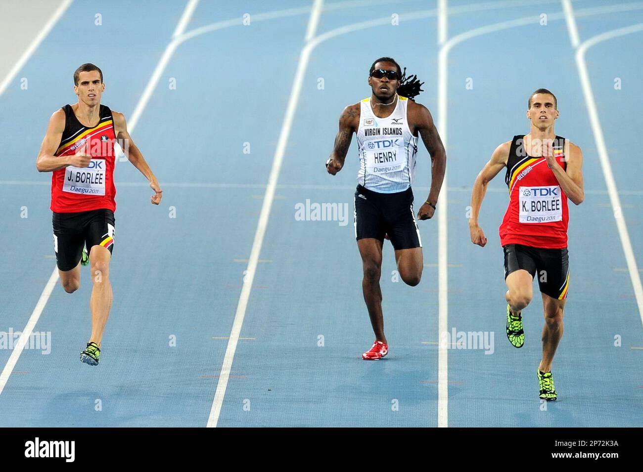 Aug 30, 2011; Daegu, KOREA; Kevin Borlee of Belgium celebrates with his ...