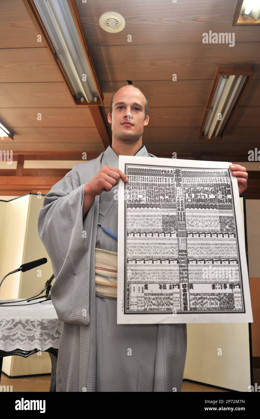 Takanoyama shows the banzuke, ranking list for the upcoming Autumn ...