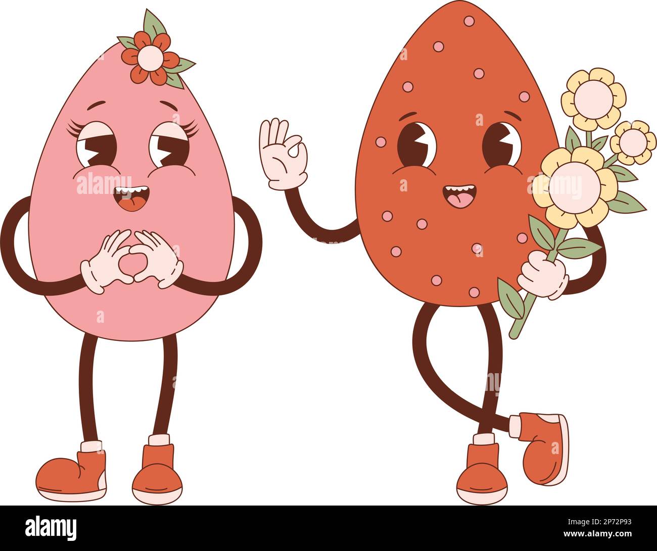 Retro cartoon character in love couple easter eggs. Groovy vintage cute mascots. Vector ...