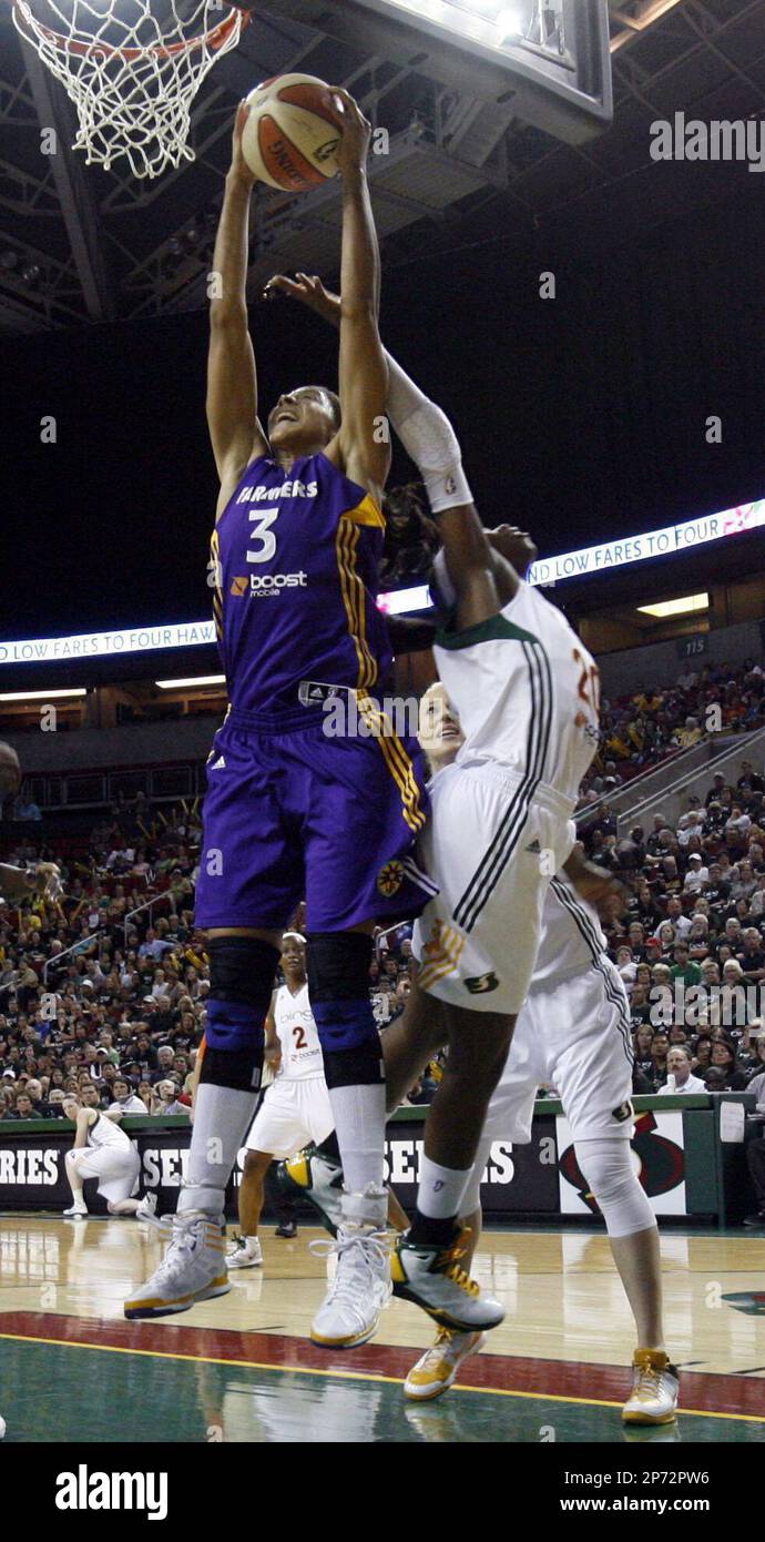 Los Angeles Sparks' Candace Parker (3) defends a ball from Seattle ...