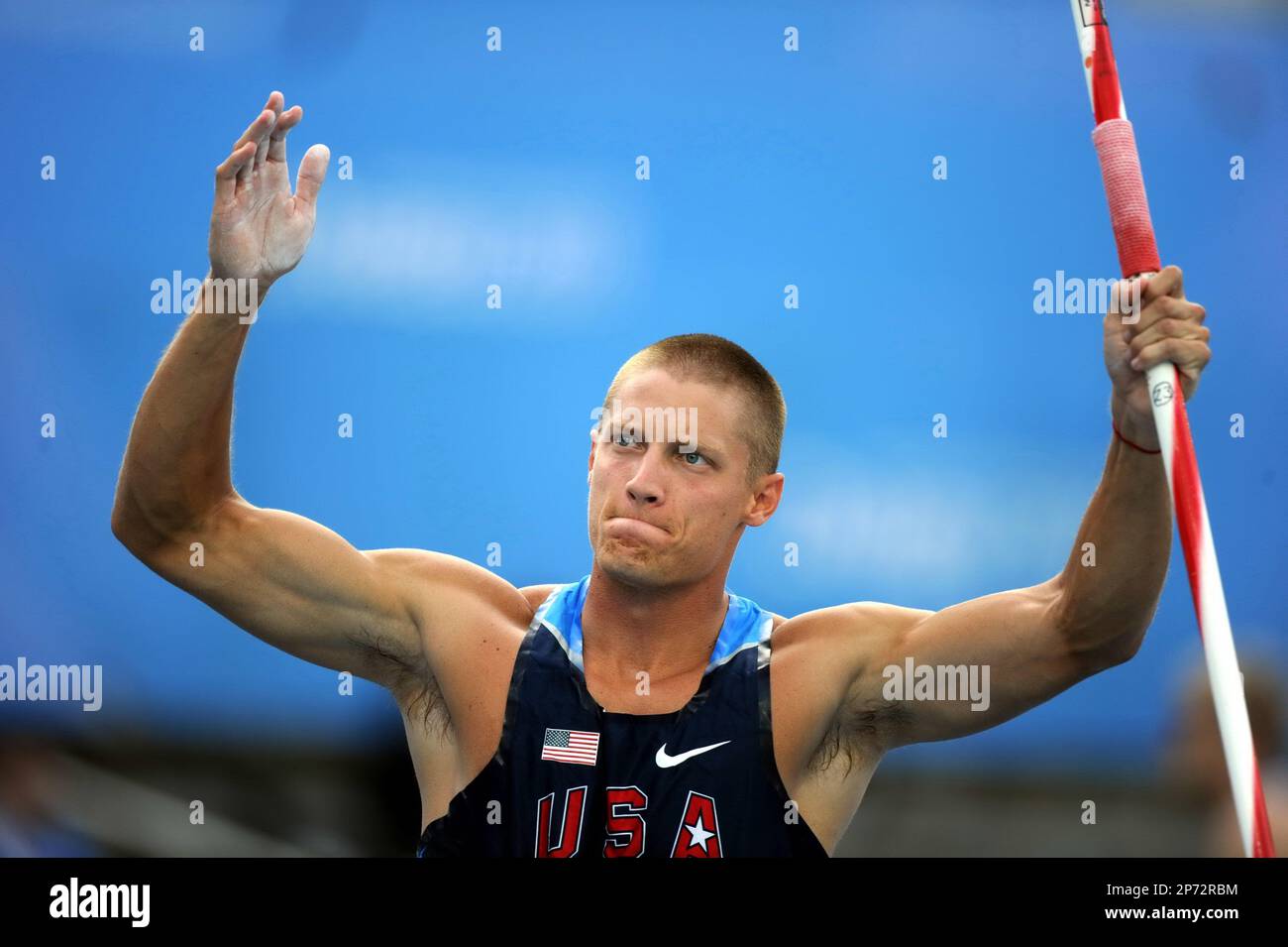 Aug 28, 2011; Daegu, KOREA; Trey Hardee of the USA selects a javelin ...