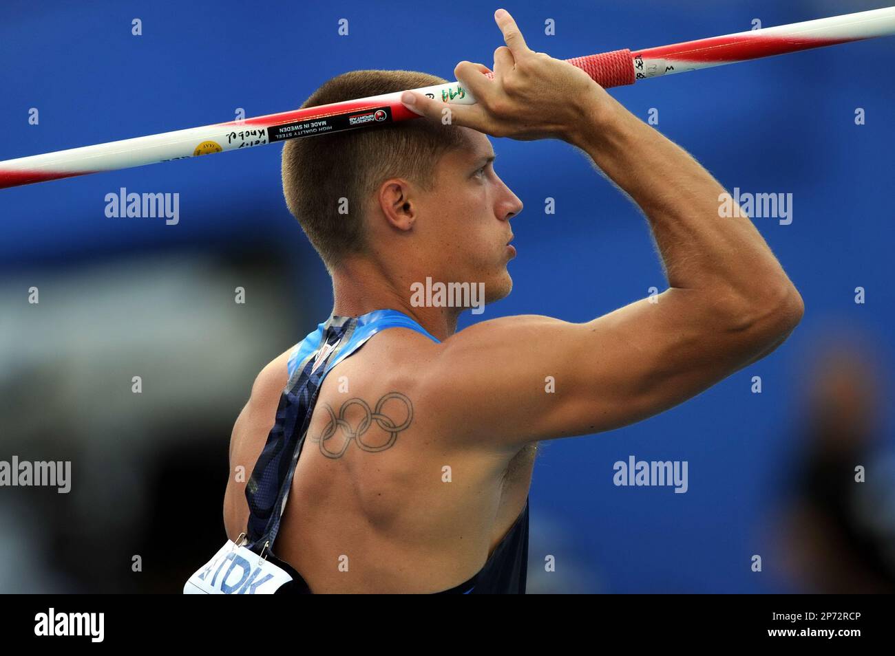 Aug 28, 2011; Daegu, KOREA; Trey Hardee of the USA selects a javelin ...