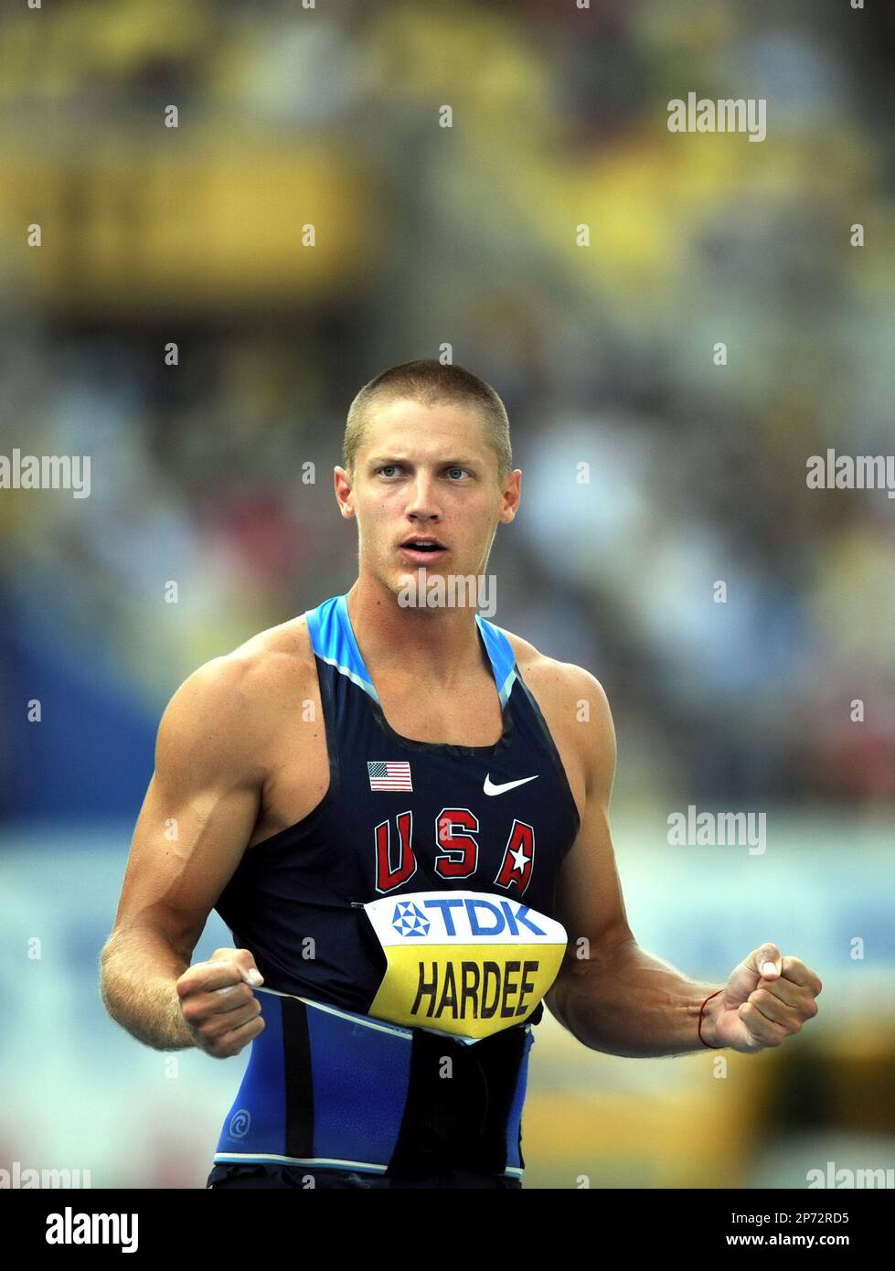 Aug 28, 2011; Daegu, KOREA; Trey Hardee of the USA selects a javelin ...