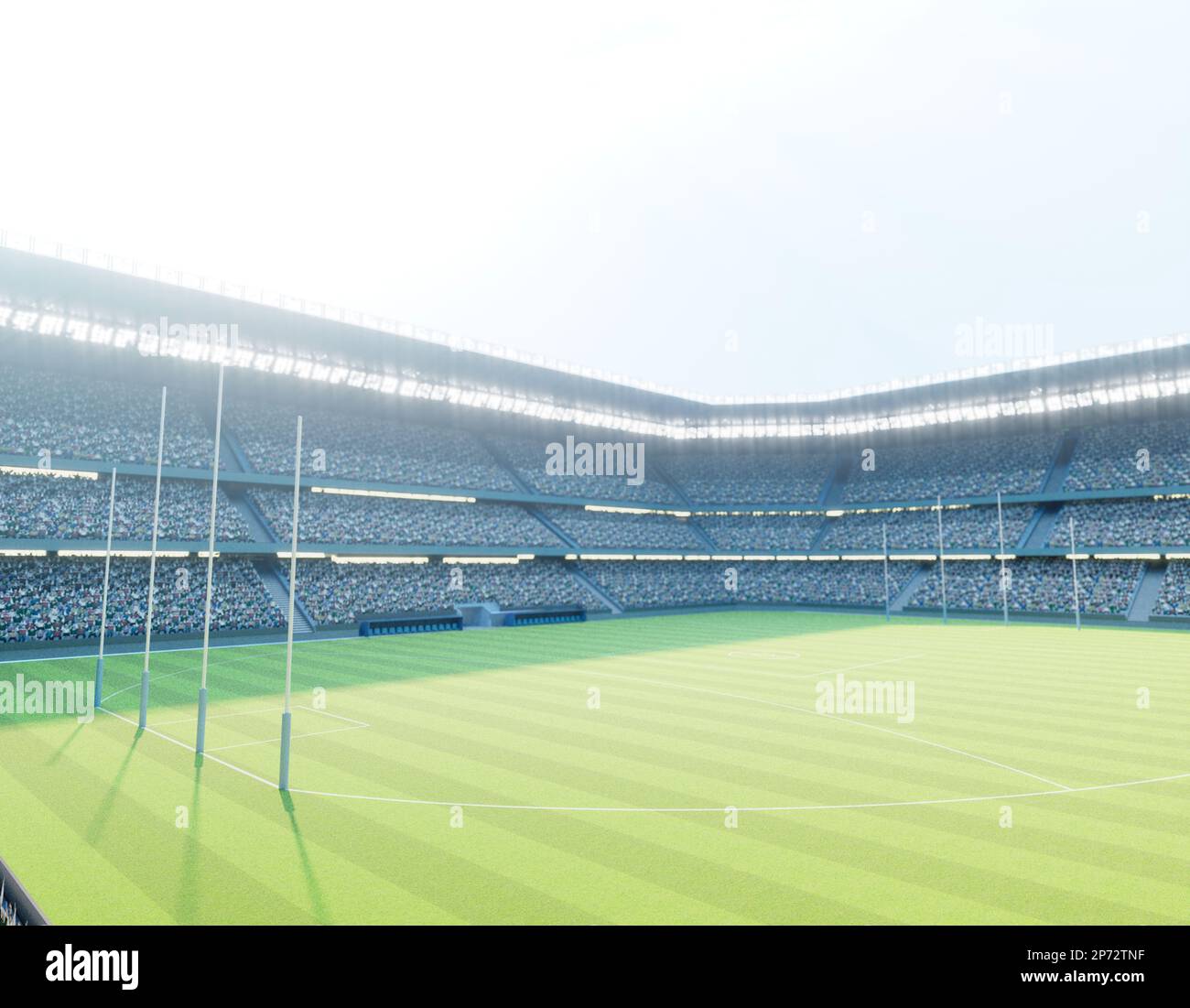 An aussie rules stadium with posts on a marked green grass pitch in the ...