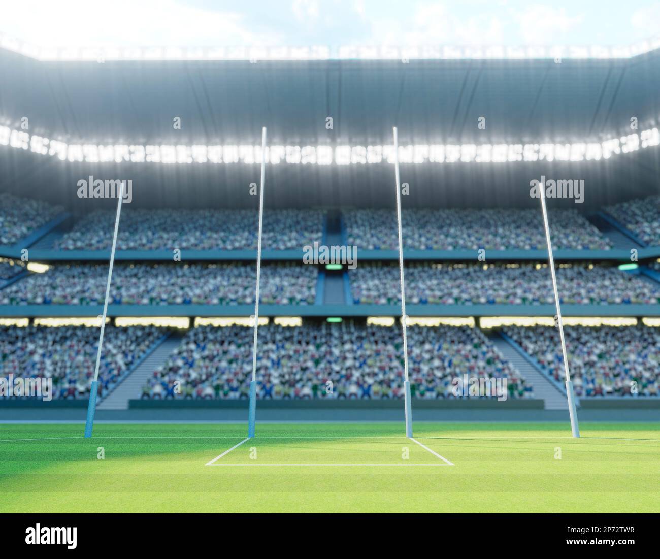 An aussie rules stadium with posts on a marked green grass pitch in the ...