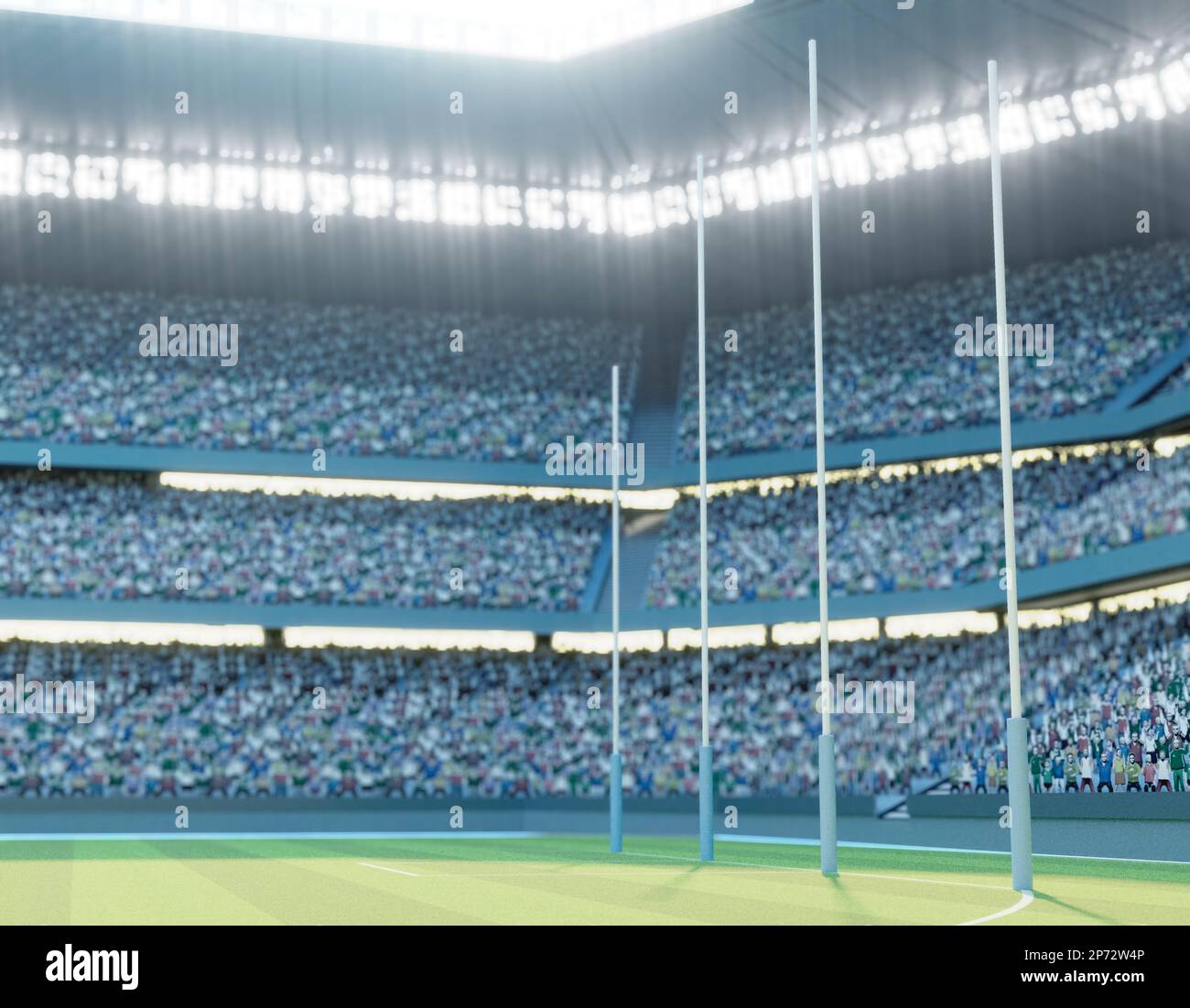 An aussie rules stadium with posts on a marked green grass pitch in the ...