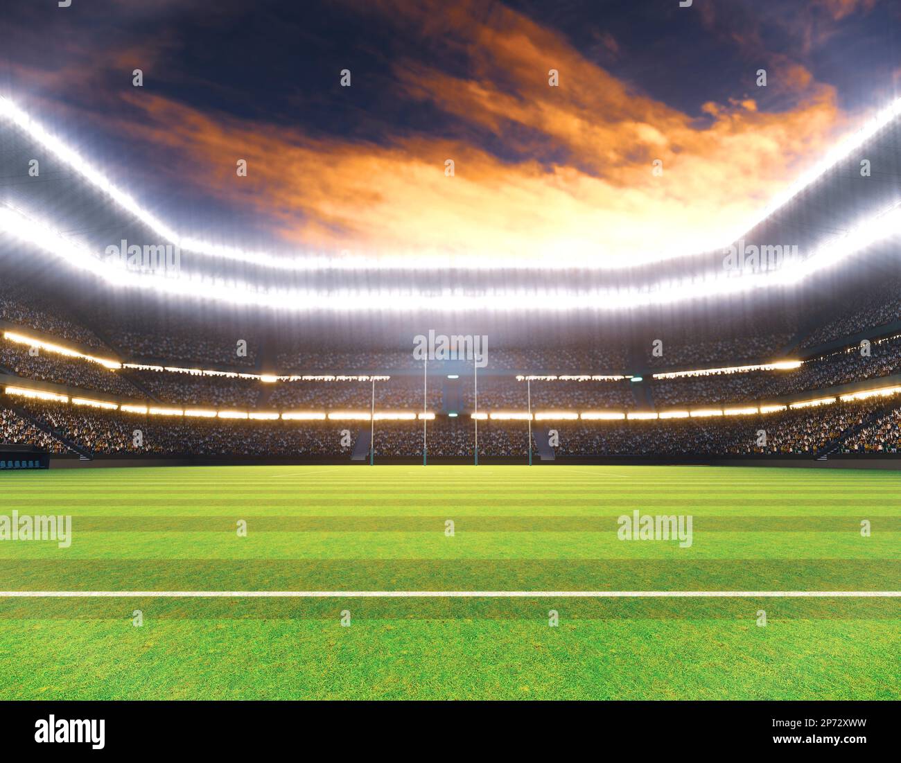 An aussie rules stadium with posts on a marked green grass pitch at ...