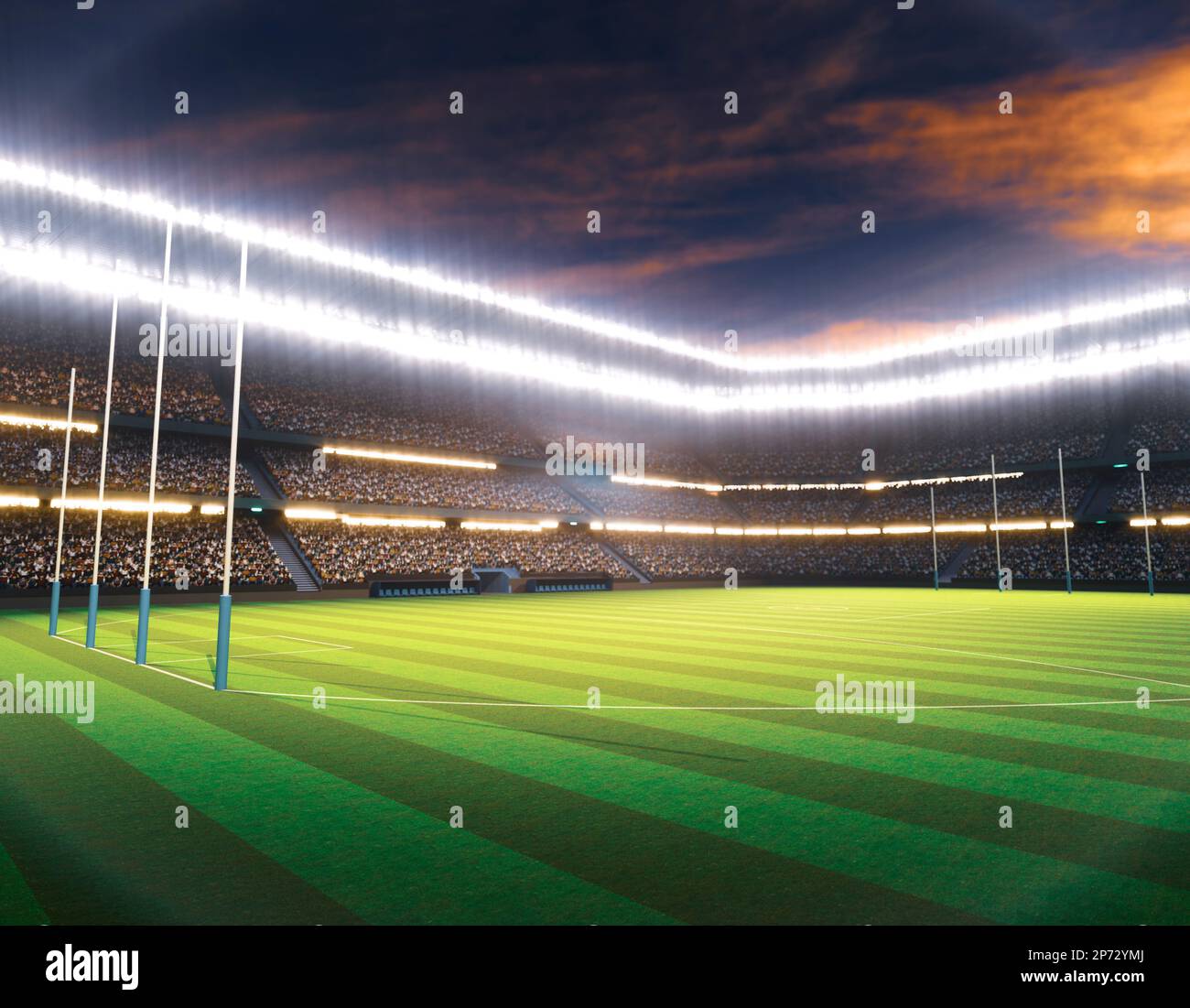 An aussie rules stadium with posts on a marked green grass pitch at ...