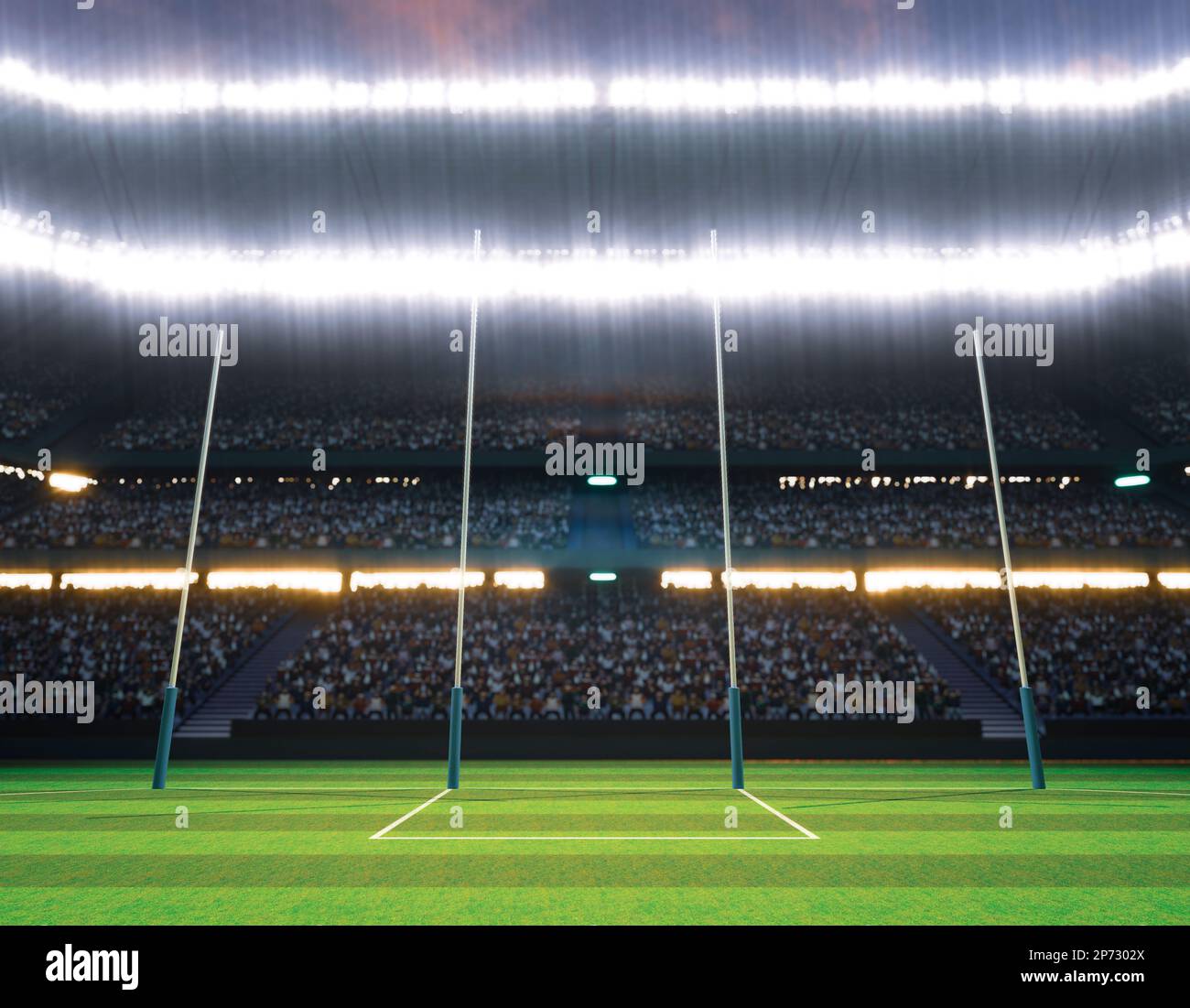 An aussie rules stadium with posts on a marked green grass pitch at ...