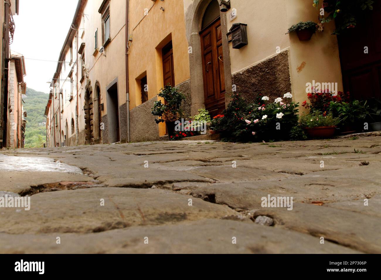 Pathway with cobblestones in medieval village Roccalbegna, from below ...
