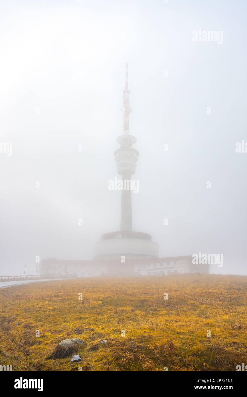 The broadcasting and observation tower on Praded Mountain shrouded in ...