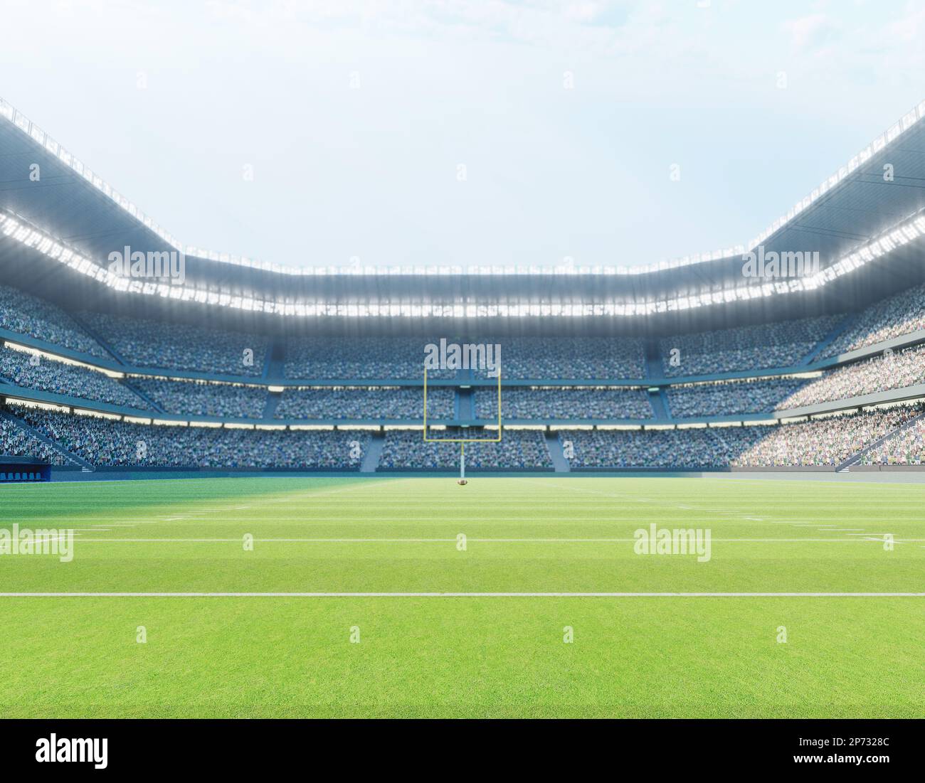 An American football stadium with posts on a marked green grass pitch ...
