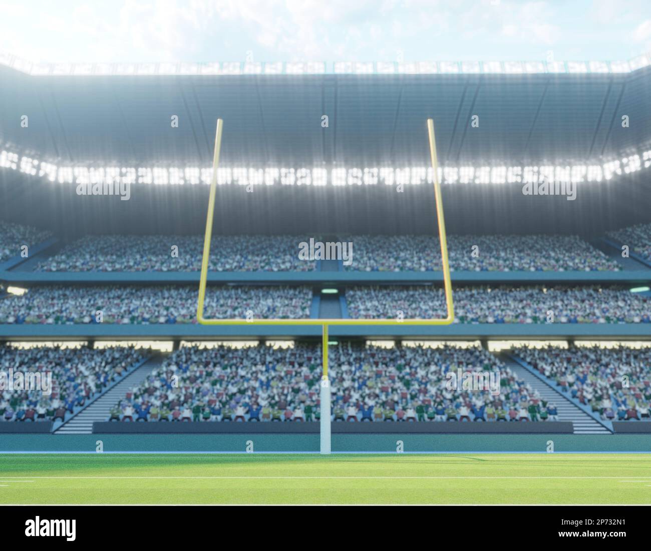 An American football stadium with posts on a marked green grass pitch ...