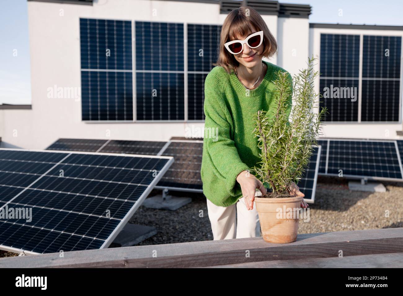 Happy house owner with a solar plant Stock Photo - Alamy