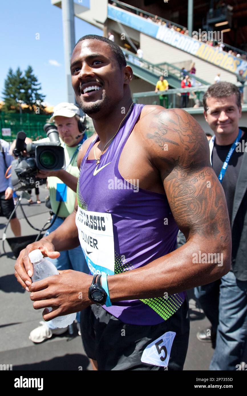USA hurdler David Oliver leaves the track after competing in the 110 ...
