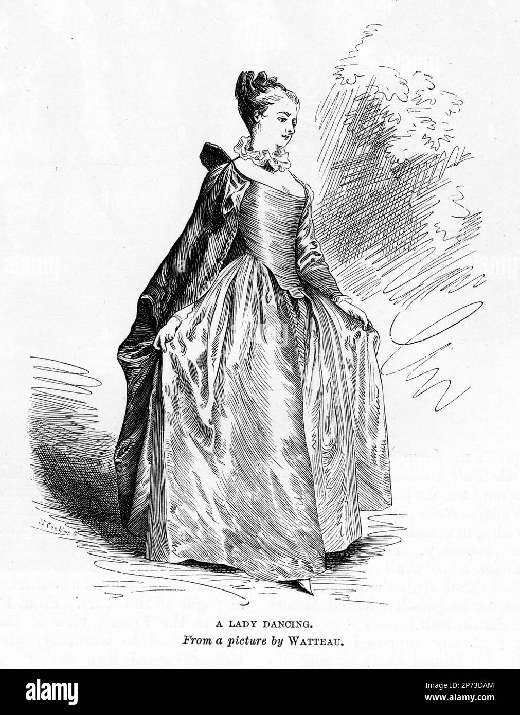Engraving of a fashionably dressed woman dancing in Victorian England ...