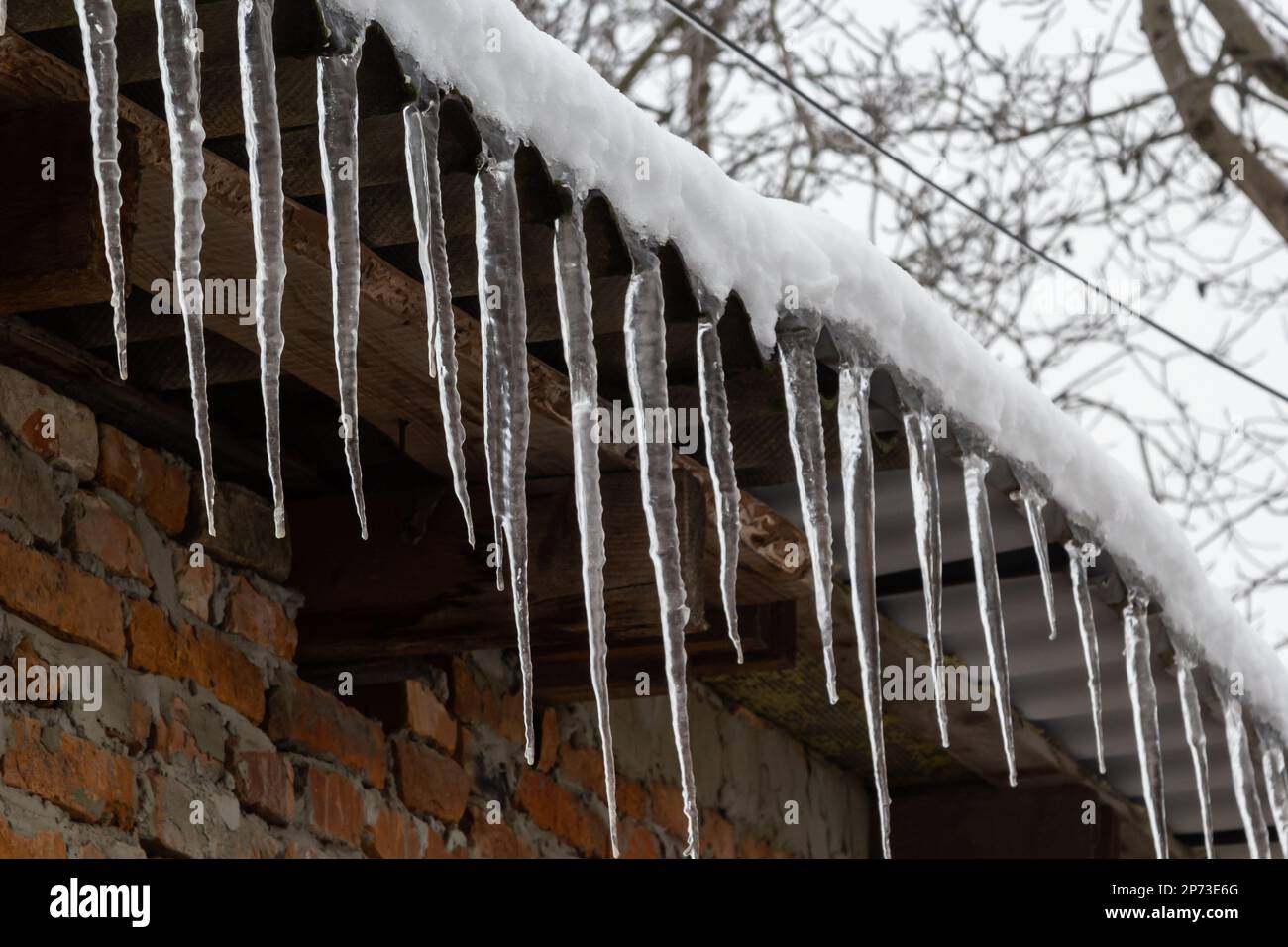 Sharp icicles and melted snow hanging from eaves of roof. Beautiful ...