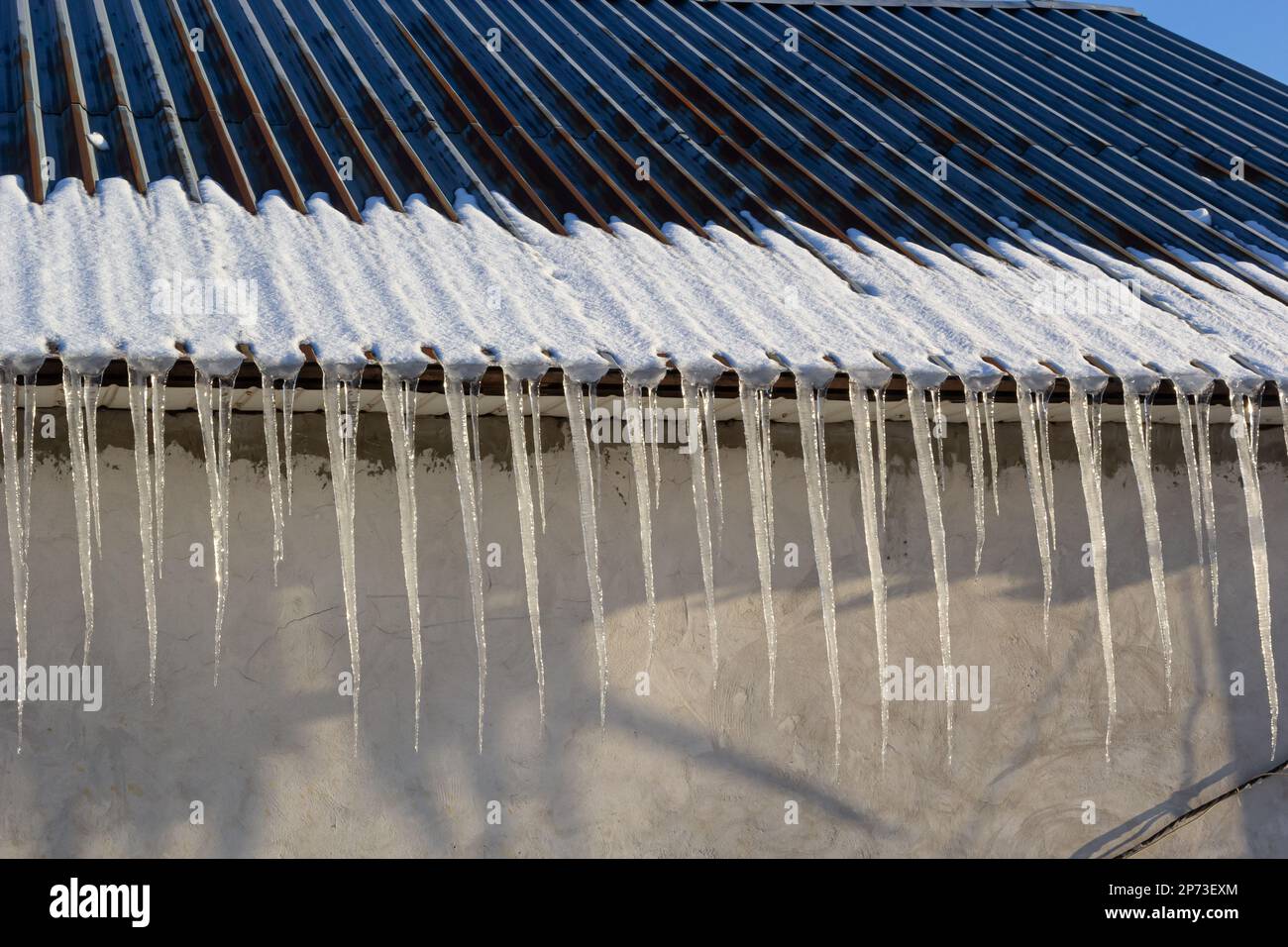 Sharp icicles and melted snow hanging from eaves of roof. Beautiful ...