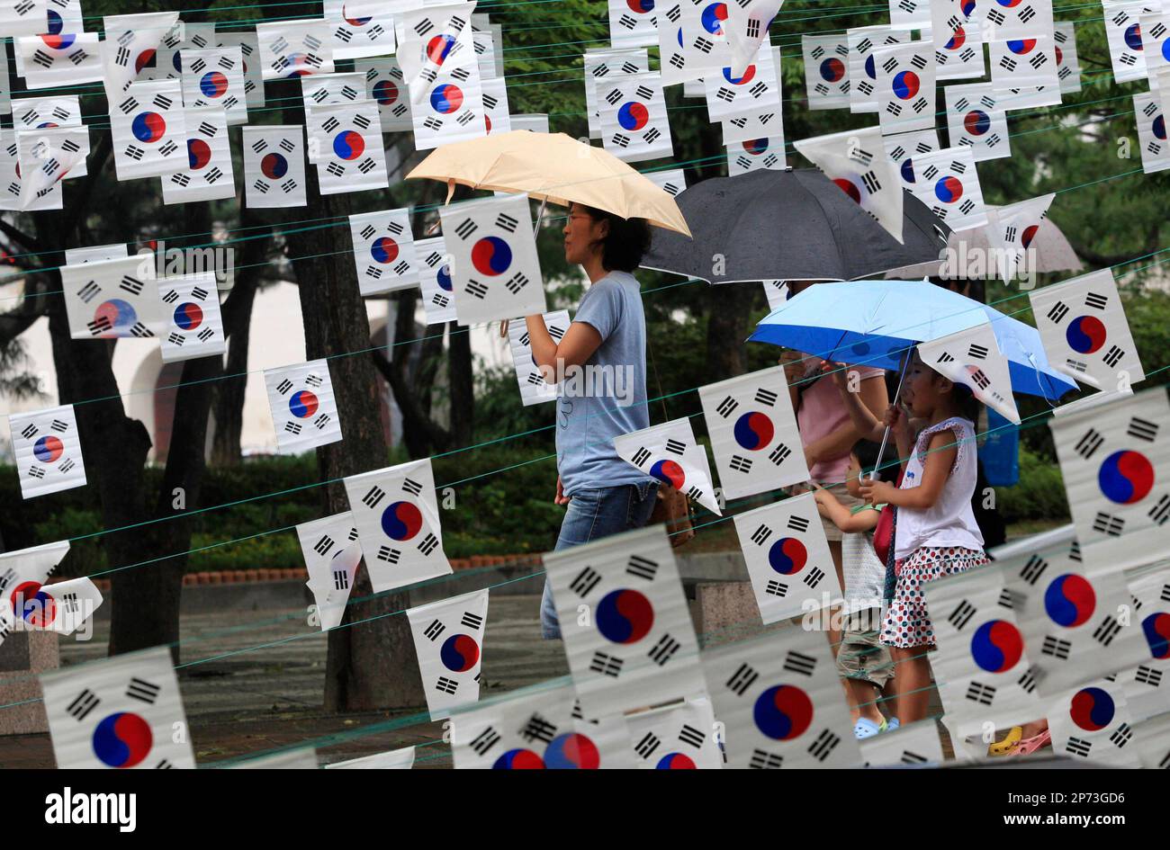 South Korean national flags are on display to celebrate the Aug. 15 ...