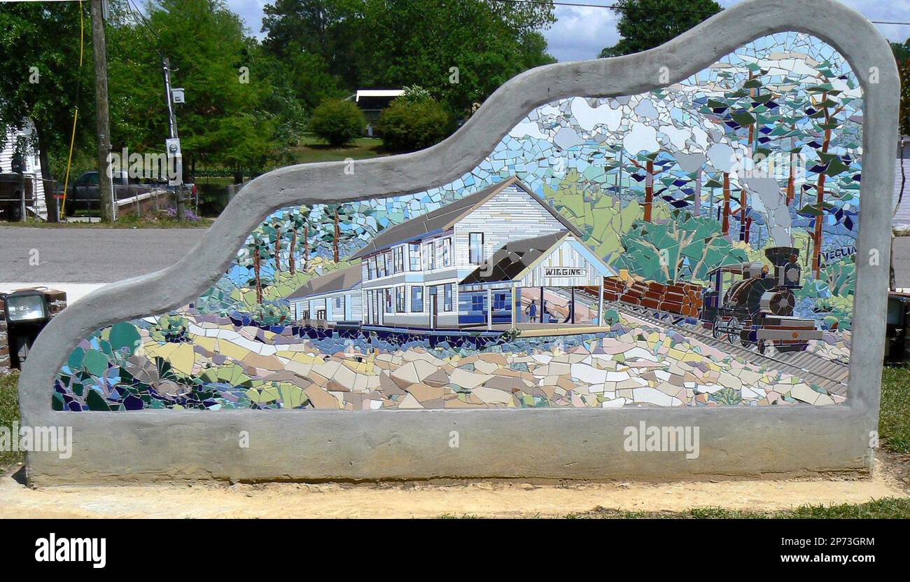This mosaic tile mural, depicting the train depot in Wiggins, Miss., is ...