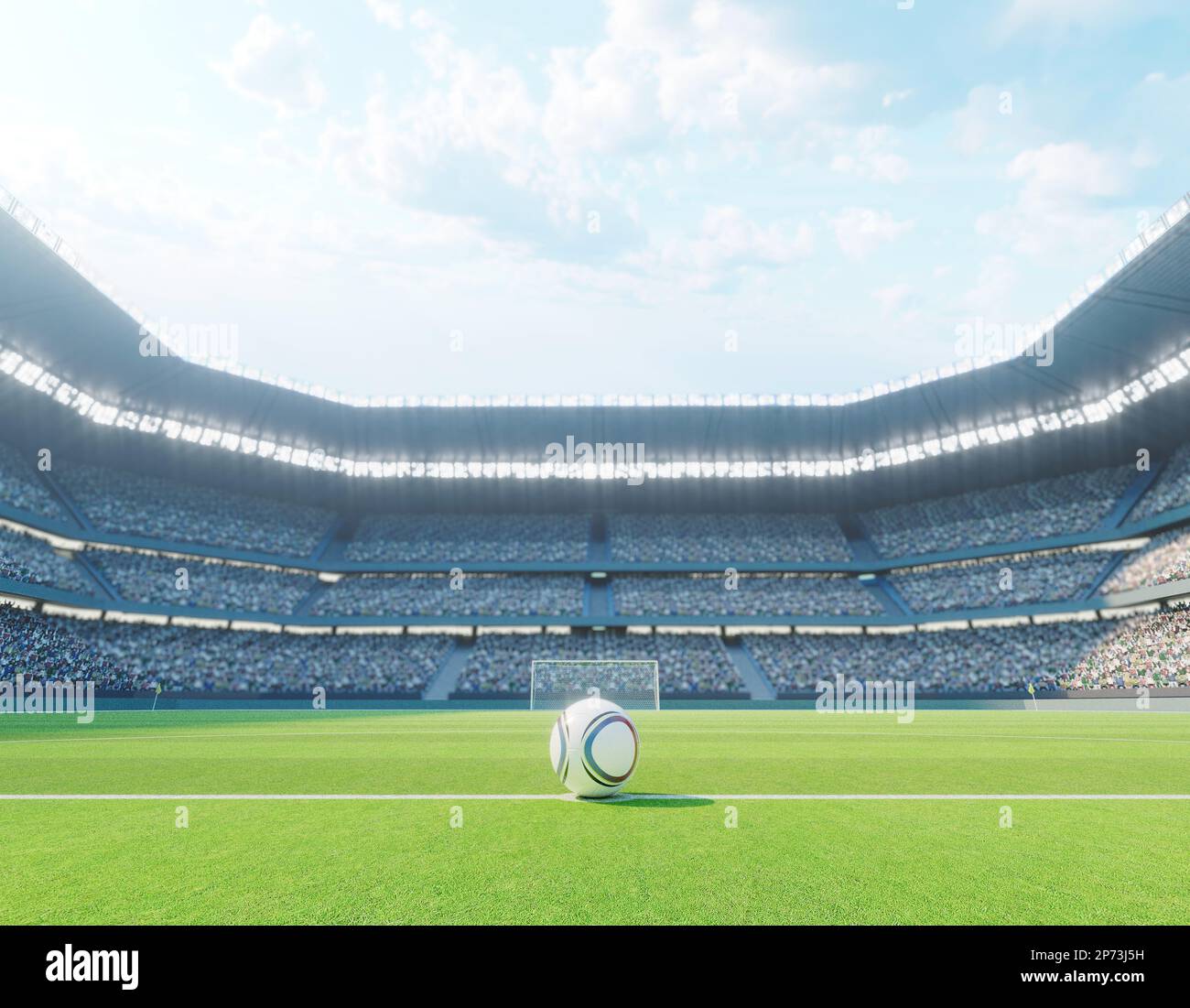 A soccer ball on the centre line of a soccer stadium with goals on a ...