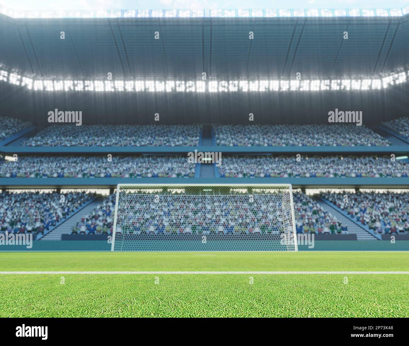 A soccer stadium with goals on a marked green grass pitch in the day ...