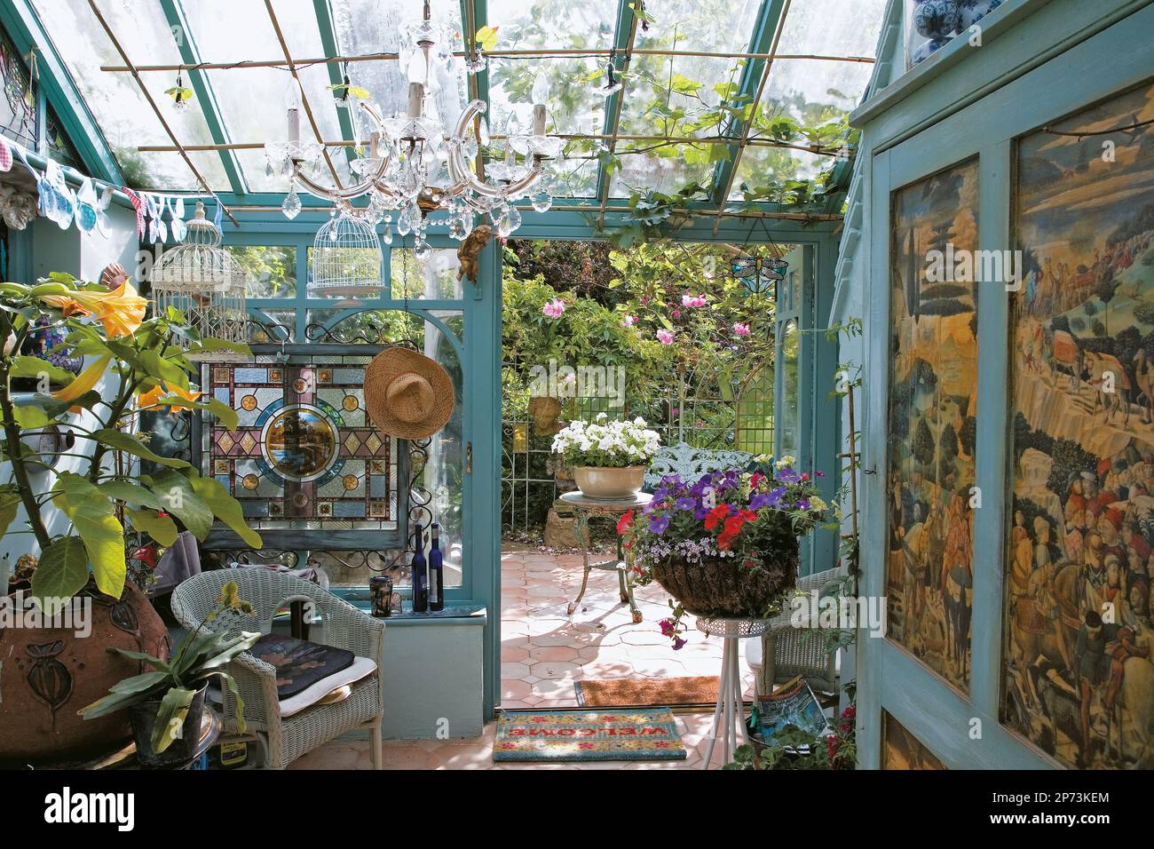 English cottage garden conservatory Stock Photo - Alamy