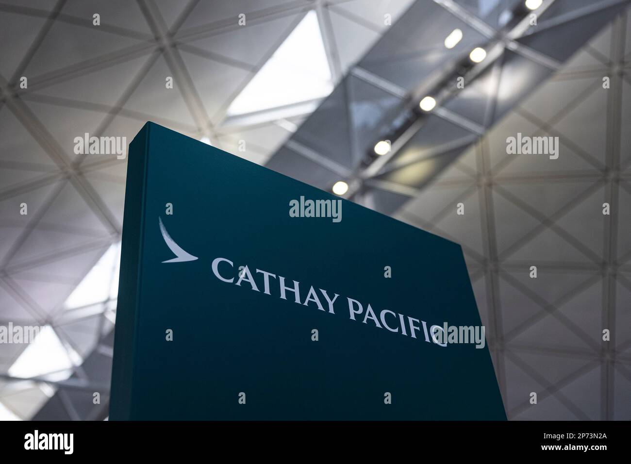 A signage for Cathay Pacific Airways at the departures hall of Hong ...