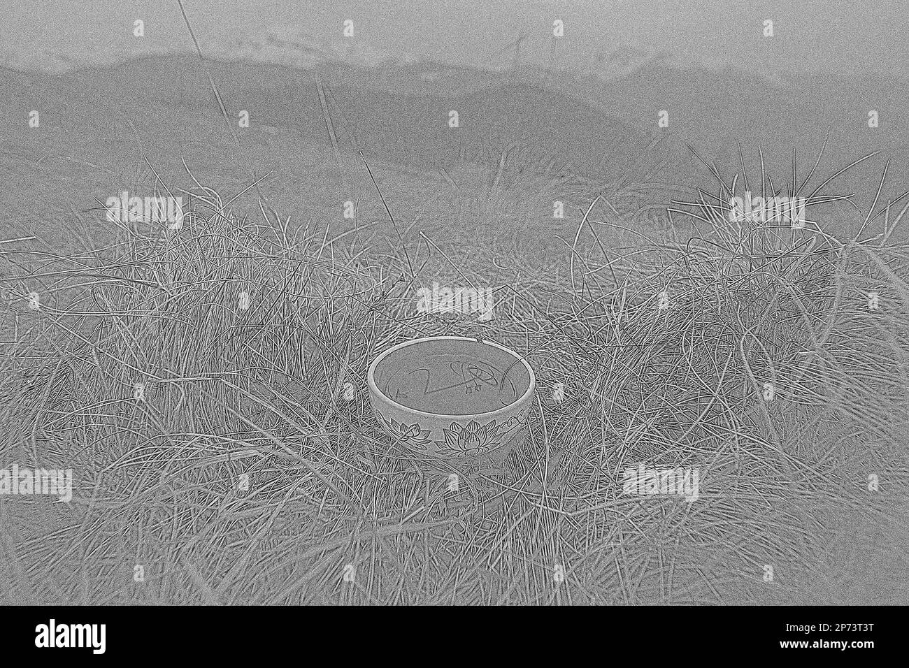 Ceramic tea mug standing in dried grass engraving hand drawn sketch ...