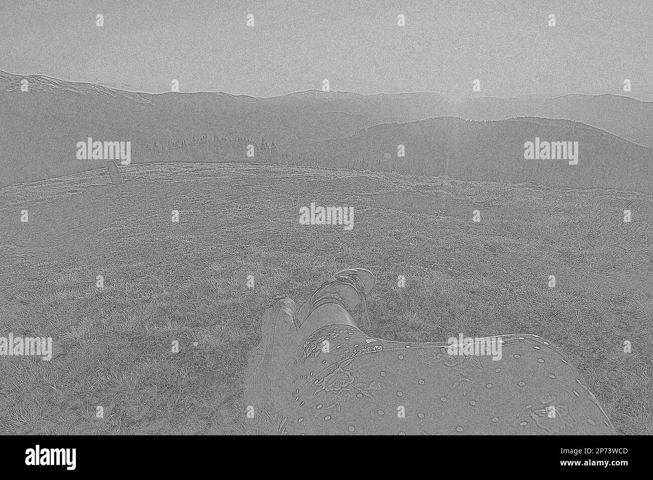 Crossed traveler legs in sun light beam engraving hand drawn sketch ...