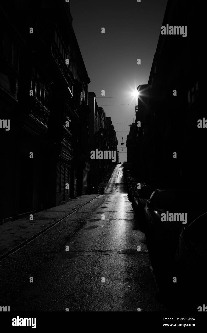 Deep shadows and sun in Archbishop Street, Valletta, Malta Stock Photo ...