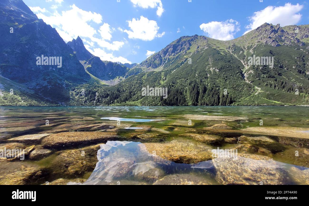 Mountains and river, view from the lower angle, you can see the stones ...