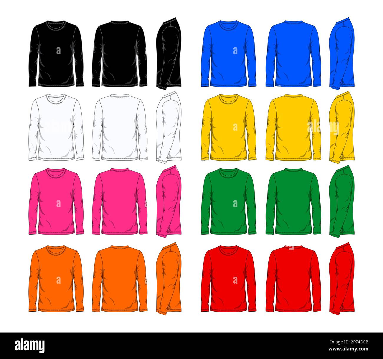 Eight colors long sleeve t shirt design template front side and back ...