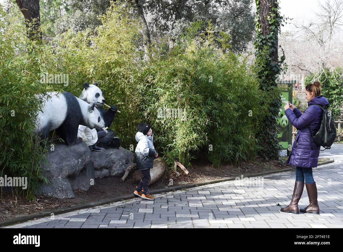 Madrid, Spain. 7th Mar, 2023. A child poses for photos with giant panda ...
