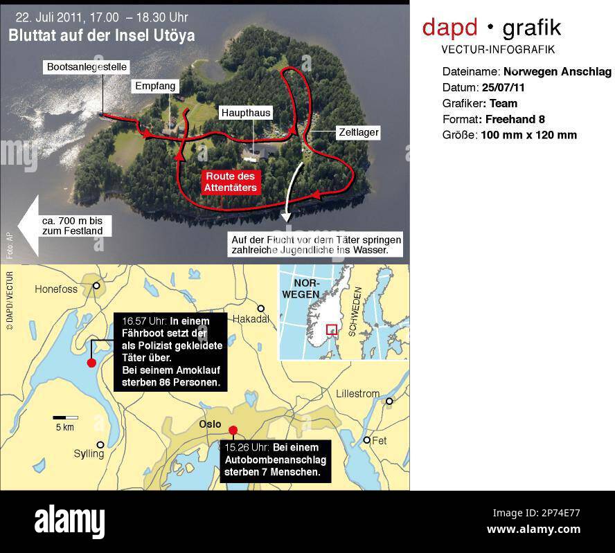 GRA102 GRAFIK NORWEGEN ANSCHLAG - Luftbild der Insel Utoya mit Angaben ...