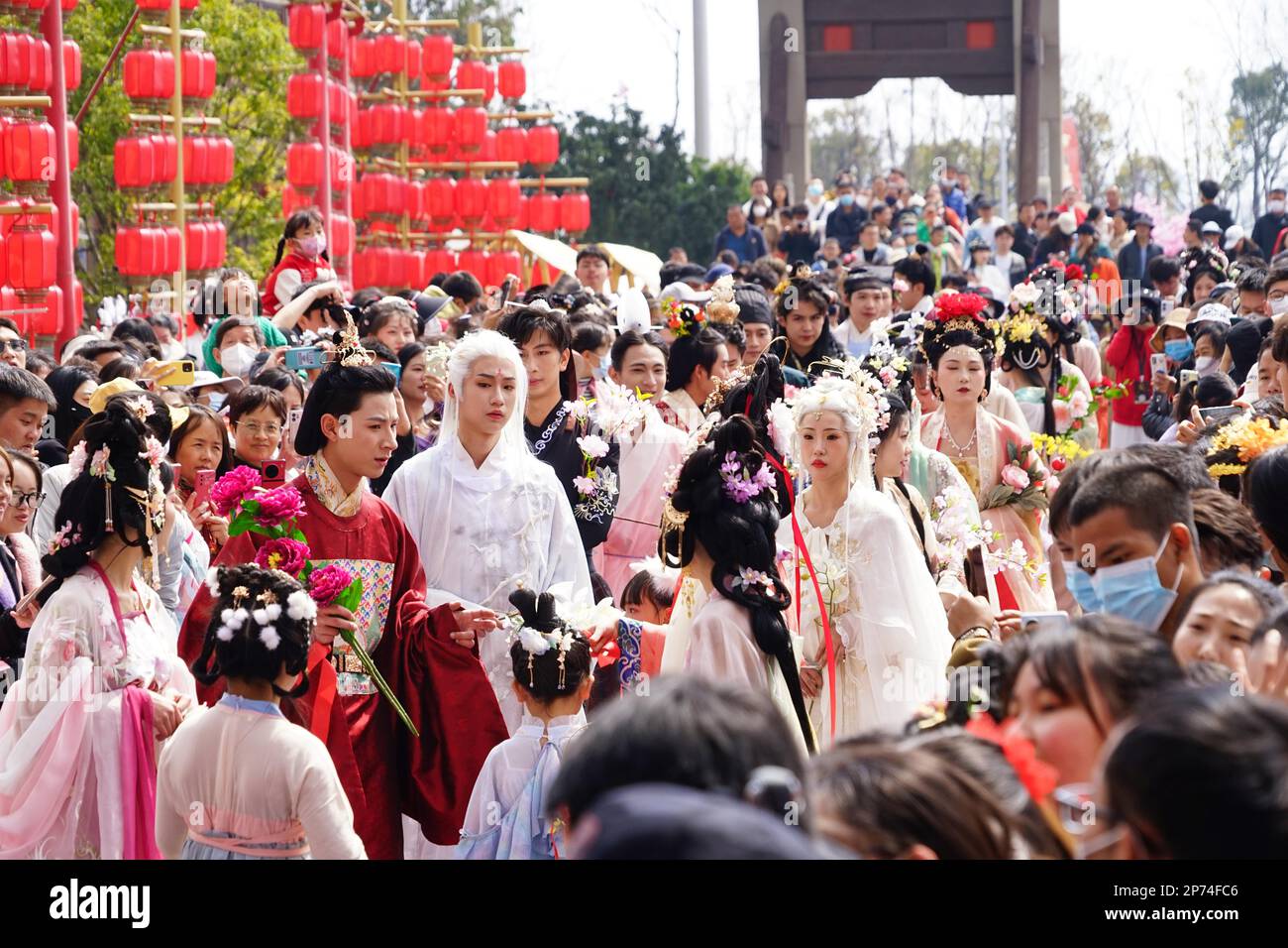 People wear hanfu at the 8th Flower Festival in Kunming City, southwest ...