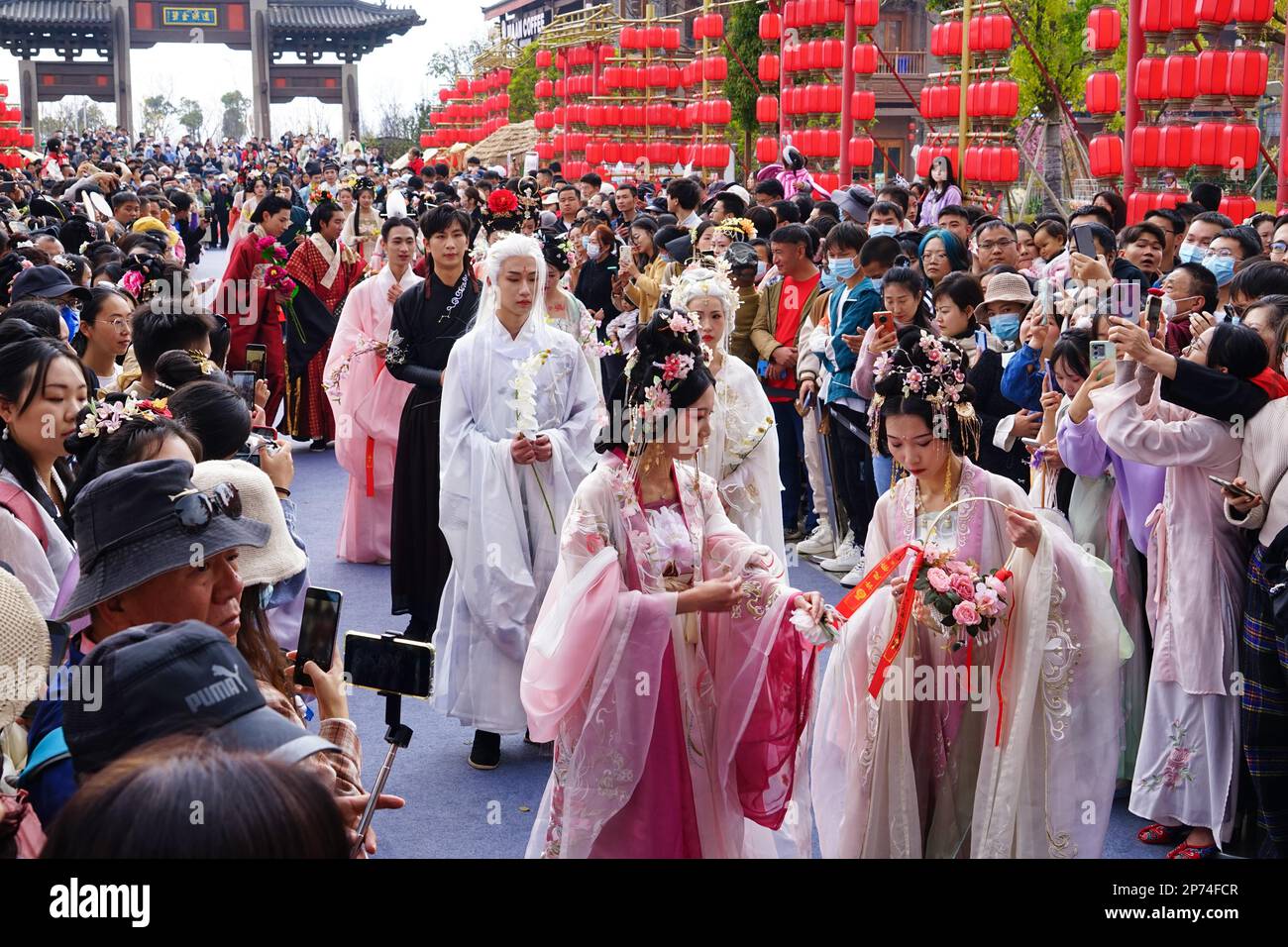 People wear hanfu at the 8th Flower Festival in Kunming City, southwest ...