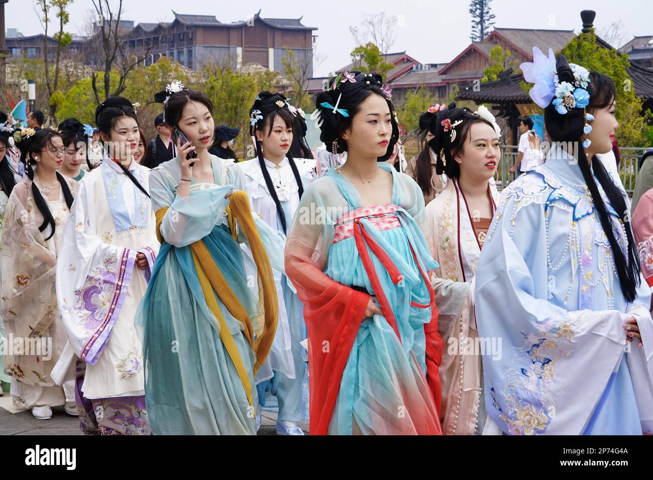 People wear hanfu at the 8th Flower Festival in Kunming City, southwest ...