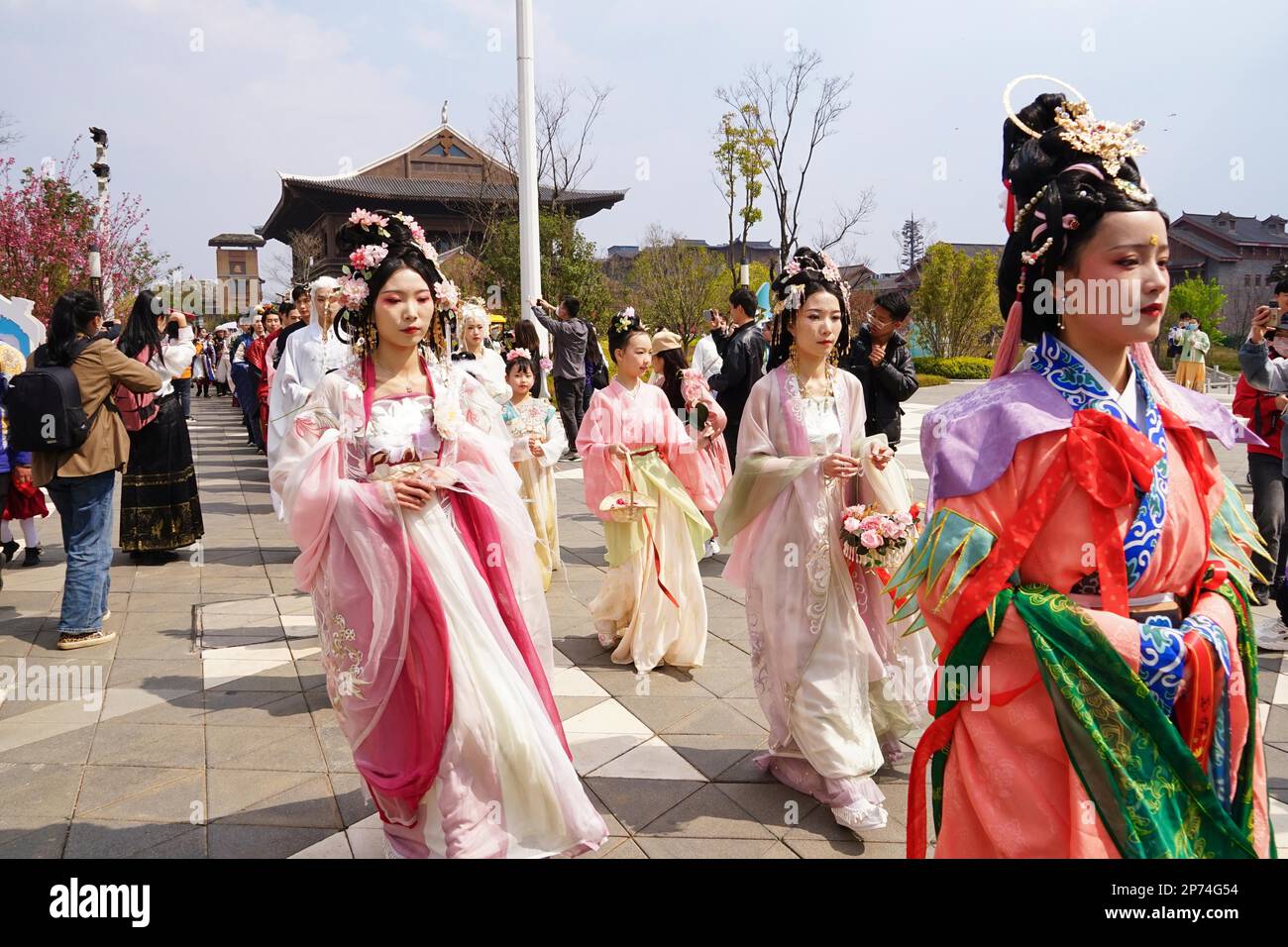 People wear hanfu at the 8th Flower Festival in Kunming City, southwest ...