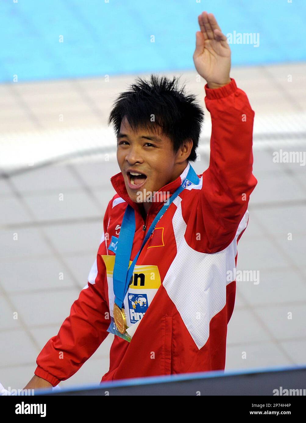Jul 22, 2011; Shangahi, CHINA; Gold medalist He Chong of China attends ...