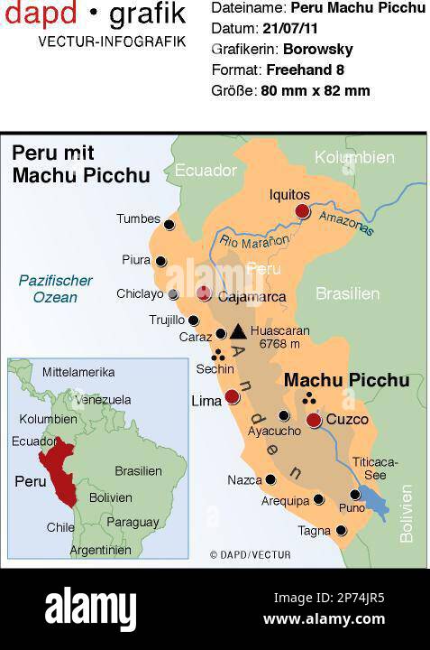 GRA108 GRAFIK PERU MACHU PICCHU - Karte des Landes mit der Lage der ...