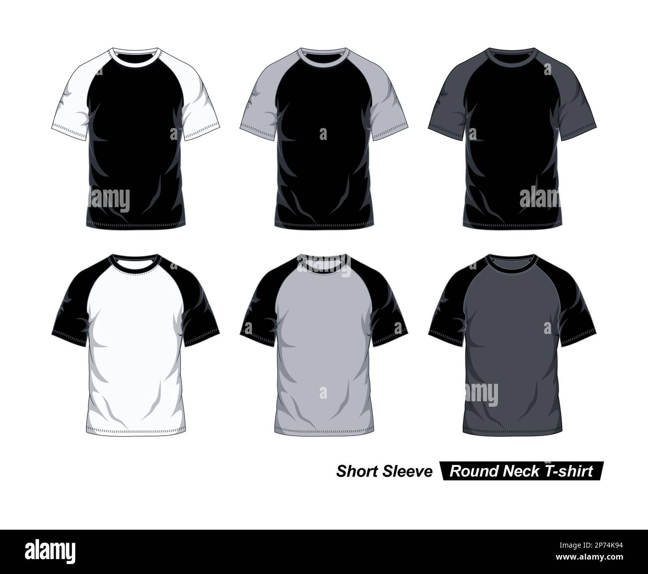 Front view of short sleeve round neck raglan t-shirt template, black ...