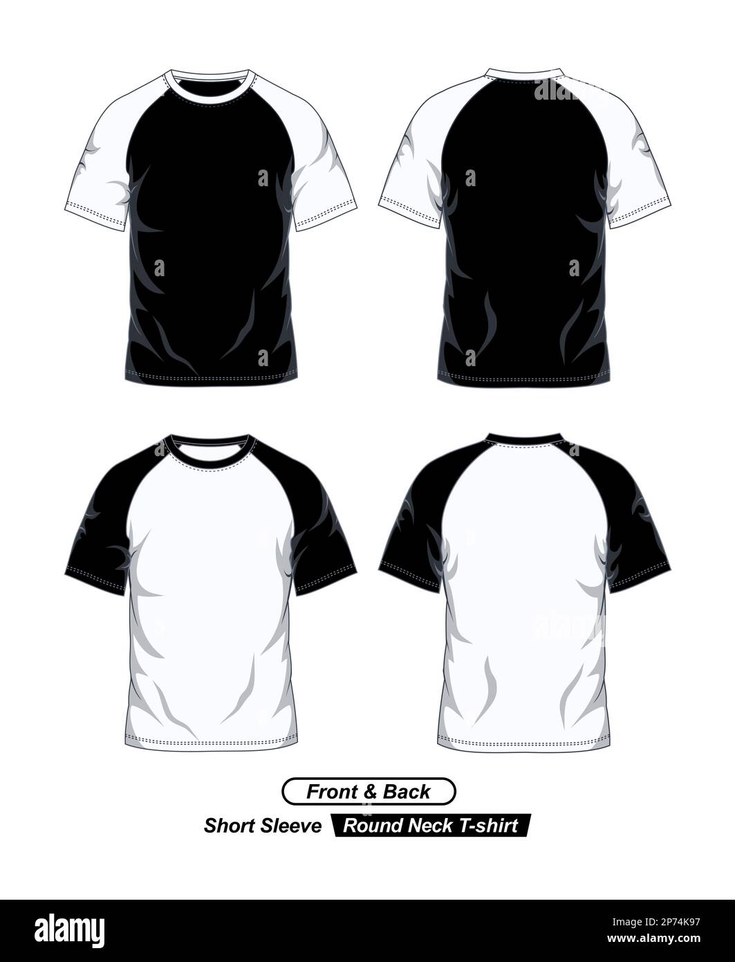 Front and back view of short sleeve round neck raglan t-shirt, black ...
