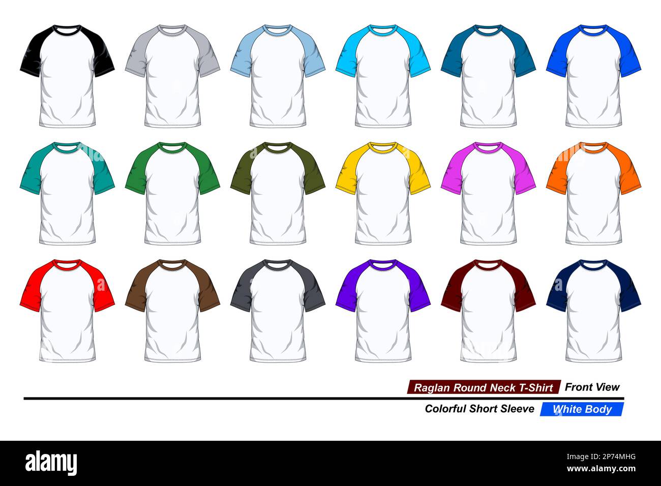 Raglan Round Neck T Shirt Template Front View Colorful Short Sleeve