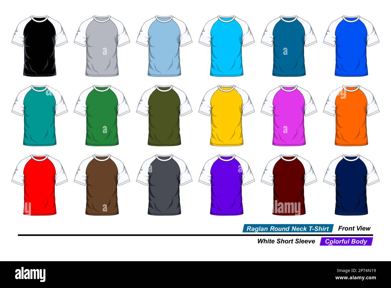 Raglan round neck t-shirt template, front view, white short sleeve ...